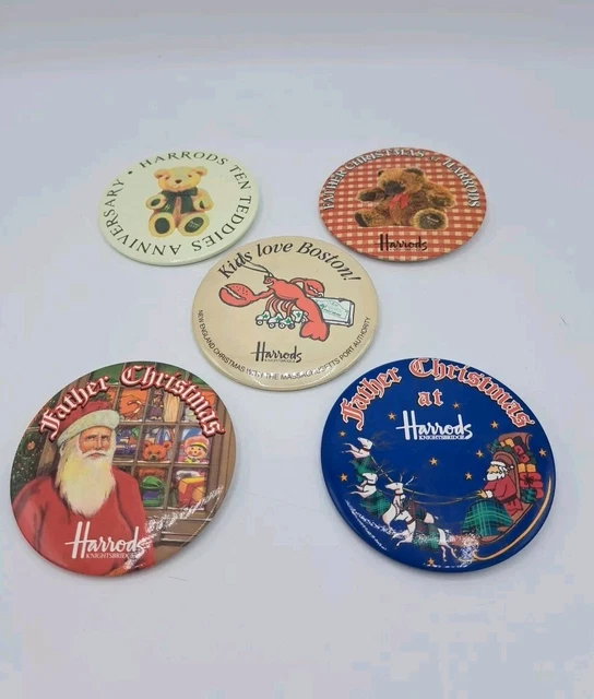 FIVE VINTAGE FATHER Christmas Harrods London England Badges Teddy Bear ...