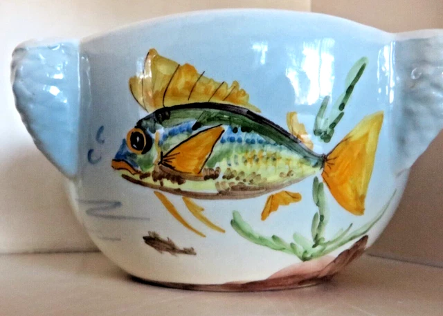 MORTIER EN CERAMIQUE DECOR POISSON SIGNé AVEC PILON BOIS EUR 15,00 ...