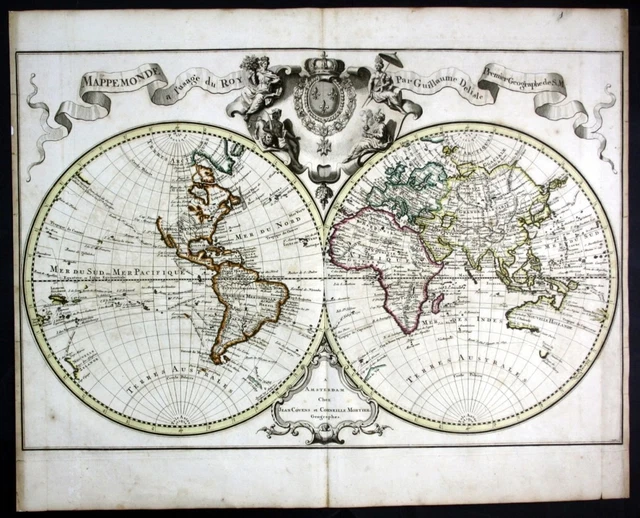 1720 WORLD MAP world map mappemonde Delisle Covens Mortier map ...