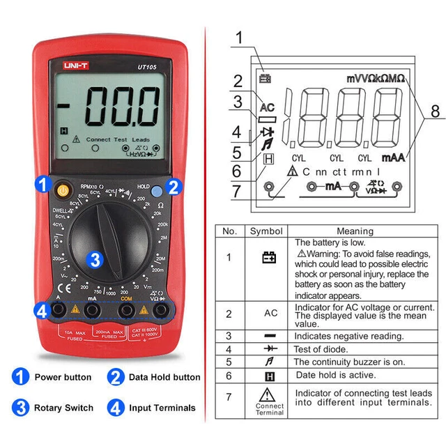 AUTOMOTIVE MULTIMETER UNI-T UT105 DMM Voltmeter Ohmmeter Tach Dwell RPM ...
