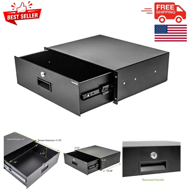 HEAVY-DUTY BLACK SERVER Cabinet Case with Deep Locking Drawer - 3U Rack ...