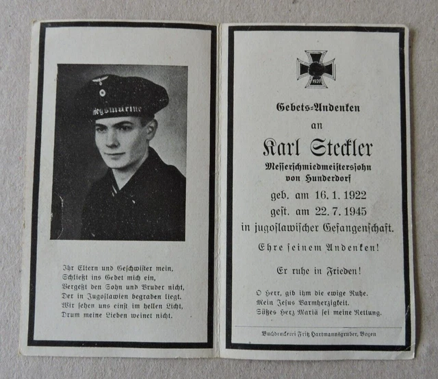 STERBEBILD WK2 MATROSE Kriegsmarine /1945 Yugoslawien /Hunderdorf Bogen ...