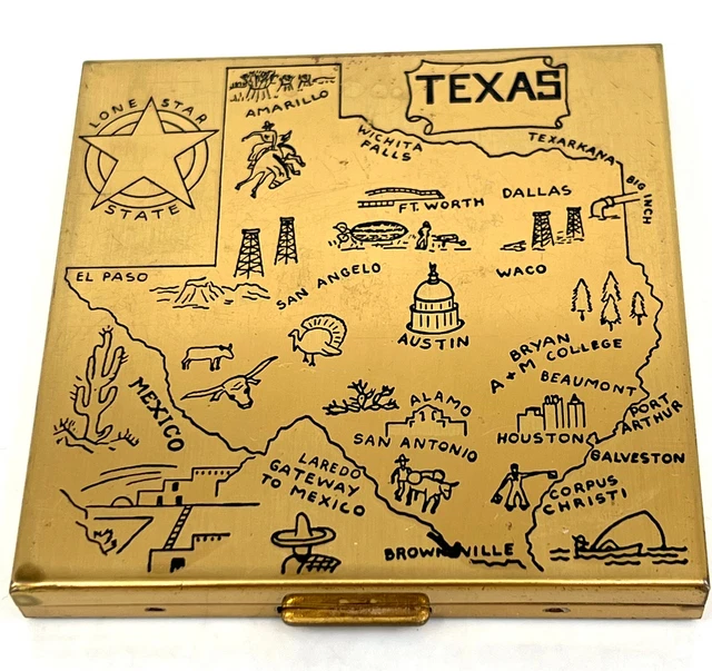 PILCHER POWDER COMPACT 1940s Souvenir Map of Texas Captions Puff Signed ...