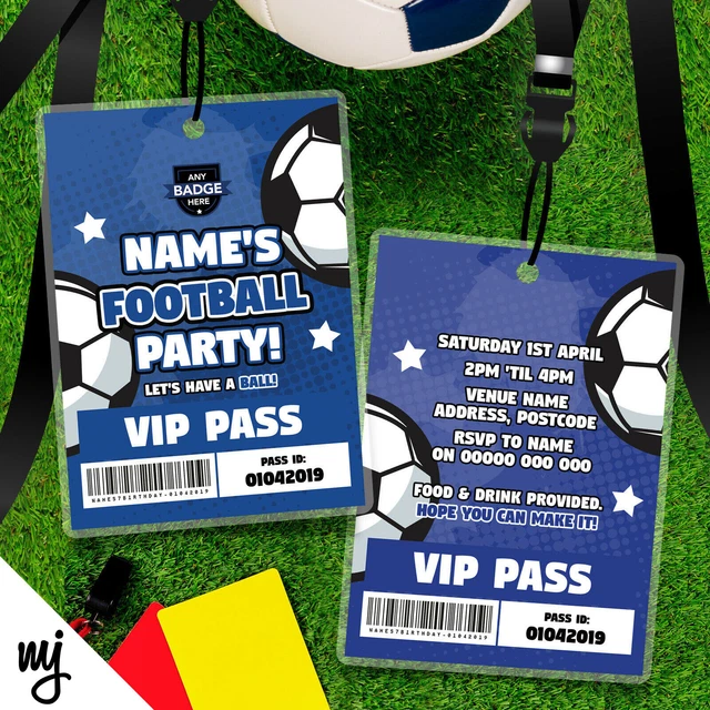 PERSONALISED BLUE FOOTBALL Party Vip Passes Lanyards / Invitations ...