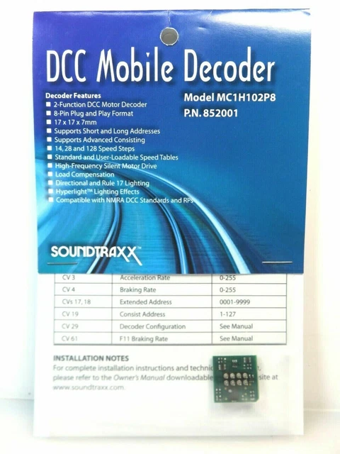 DECODIFICADOR MÓVIL SOUNDTRAXX 852001 MC1H102P8 DCC, enchufe directo ...
