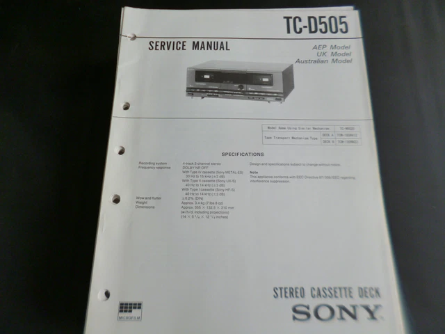 ORIGINAL MANUEL D'ENTRETIEN schéma Sony TC-D505 EUR 12,50 - PicClick FR
