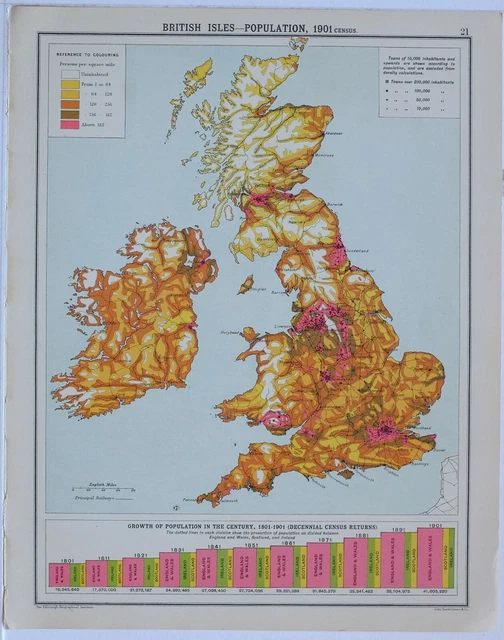 1905 MAP BRITISH Isles Population 1901 Census Density Growth London ...