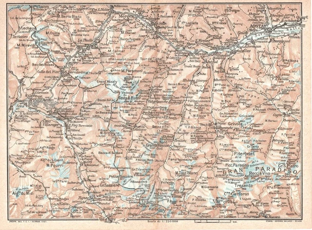 CARTA GEOGRAFICA ANTICA AOSTA GRAN PARADISO SAN BERNARDO TCI 1923 ...