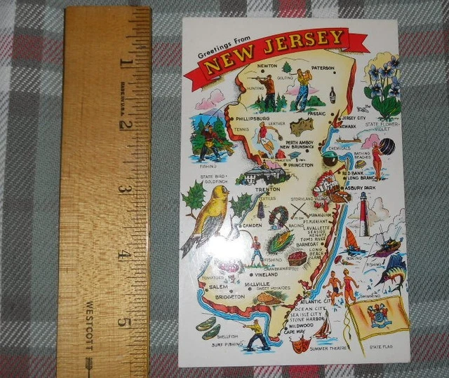 GREETING FROM NEW Jersey: State Map; Major Towns; Famous spots unposted ...