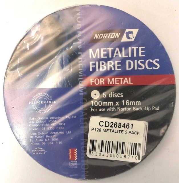 METALITE FIBRE DISCS For Metal P120 (Packs Of 5) 100 Mm X 16 Mm $16.95 ...