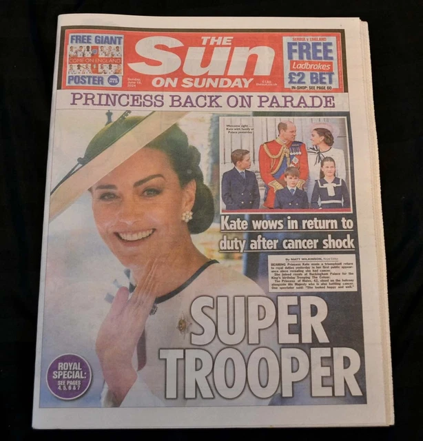 SUNDAY SUN UK Newspaper 16/06/24 June 16th 2024 Princess Kate Returns ...