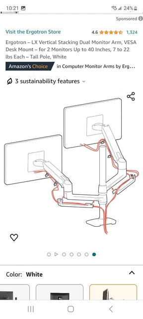 ERGOTRON LX VERTICAL Stacking Dual Monitor Arm VESA Desk Mount - White ...