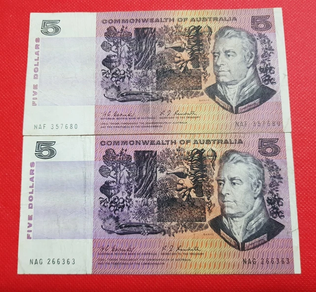 1967 AUSTRALIAN COOMBS/RANDALL Pair $5 Notes F Serial No. Nag 266363 ...