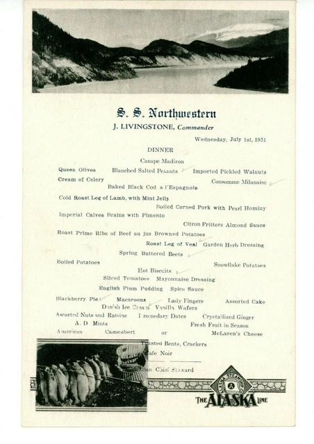 1931 SS NORTHWESTERN Dinner Menu Alaska Steamship Line July 1 Highway ...