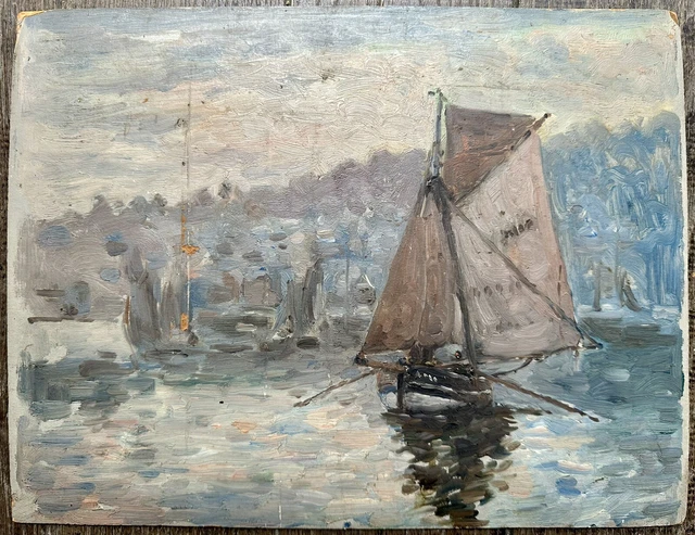 TABLEAU ANCIEN PAYSAGE Marine Bateaux Port Peinture à Identifier Impressionnisme EUR 20,00 ...