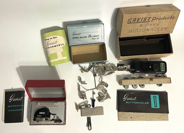 VINTAGE GREIST ORIG Box, Decorative Zigzagger,Buttonhoder, Attachments ...