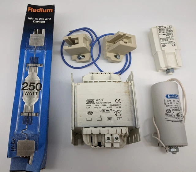 NEUF LAMPE RADIUM HRI-TS 250w en boite + Ballast HID/K + Condensateur ...