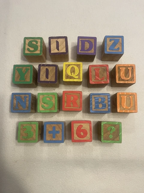 18 VINTAGE WOOD BLOCKS Alphabet Letters Pictures Animals Primary Colors ...