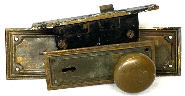 ANTIQUE BRASS DOOR Latch Assembly,Corbin,Complete Set,2 Knobs,Plates ...