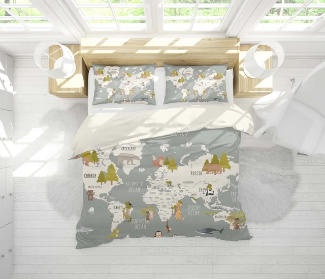 3D WORLD MAP Animals Trees Letter Quilt Cover Set Bedding Sets ...