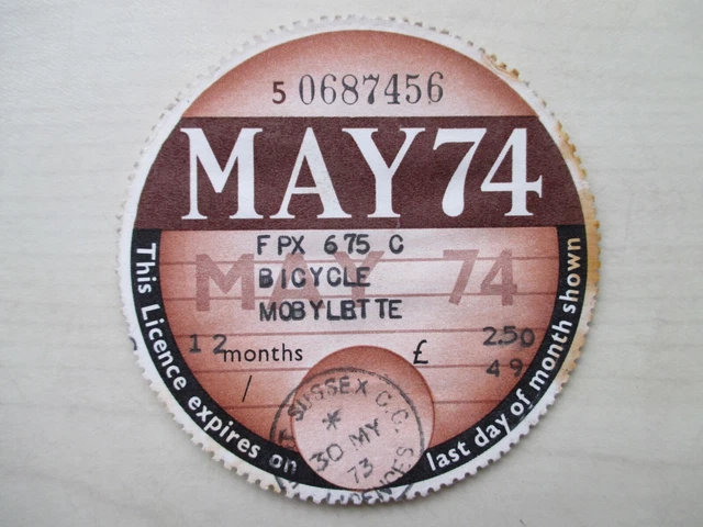 TAX DISC - Old Vintage Vehicle License - Annual May 1974 Mobylette ...