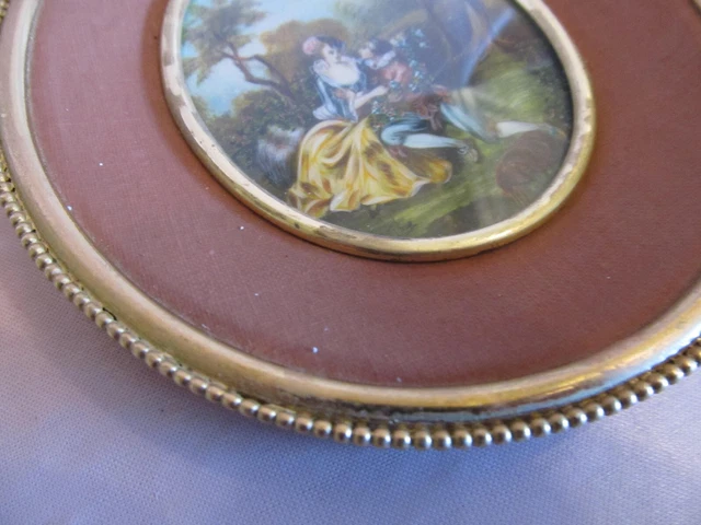 MINIATURE PEINTURE SCÈNE d'amour Watteau cadre laiton bronze doré ovale ...
