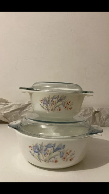 VINTAGE PYREX BLUE Iris Casserole Dish Set Of 2 England Ovenware ... VINTAGE PYREX BLUE Iris Casserole Dish Set Of 2 England Ovenware ...