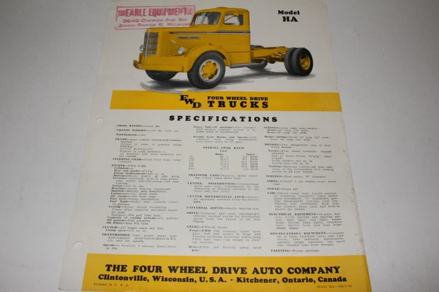 1946 FWD TRUCK Model HA, Color Sales Sheet, Factory Original $25.36 ...