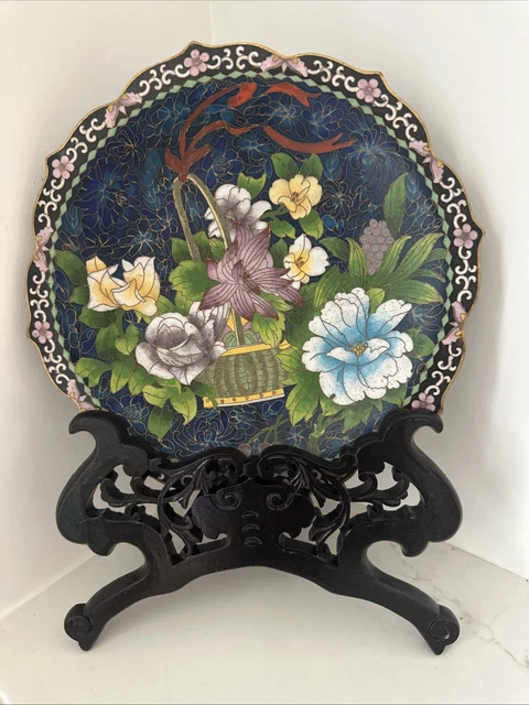 VINTAGE CHINESE CLOISONNÉ 10” Plate Flower Basket Blue With Wooden ...
