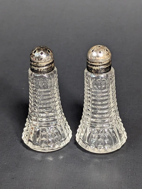 VINTAGE CUT GLASS Salt & Pepper Shakers Sterling Silver Tops $32.98 ...