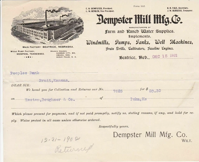 U.S. DEMPSTER MILL Mfg. Co. Beatrice.1902 Factory Illustd. Facture Retd ...