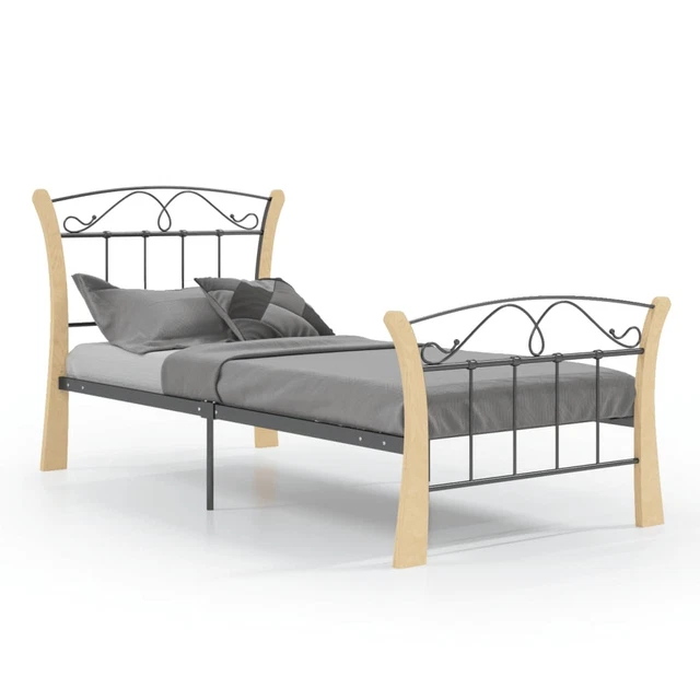 BED FRAME BLACK & Natural Powder-Coated Metal Solid Oak 90x200 cm ...