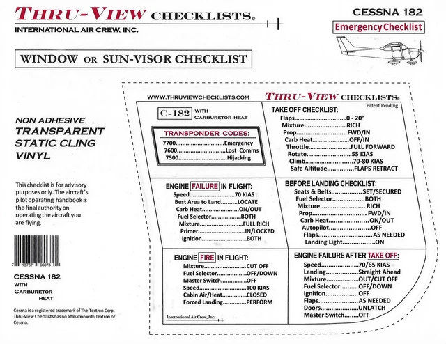 THRU-VIEW EMERGENCY AVIATION Checklist - Cessna 182 - Carbureted EUR 20 ...