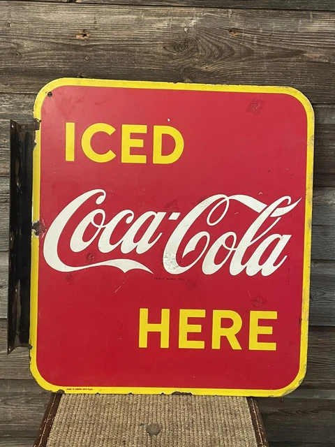 VINTAGE ICED COCA-COLA Here Flange Sign Coke Sign Advertising $1,350.00 ...