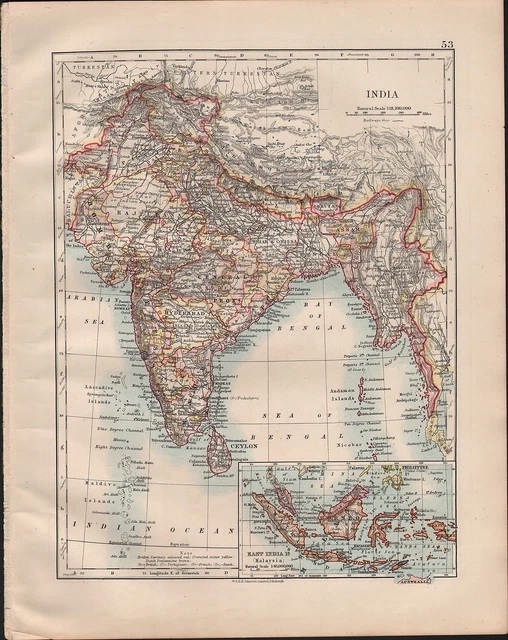 1914 MAPPA ~ India ~ Rajputana Hyderabad Assam Ceylon Nepal Ceylon ...