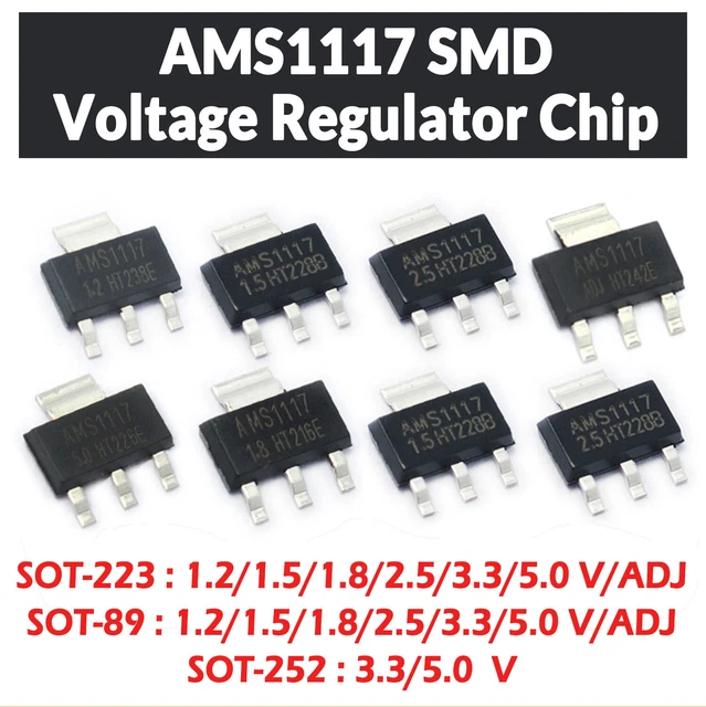 AMS1117-1.2/1.5/1.8/2.5/3.3/5V ADJ SOT-223/89/252 SMD Chip regolatore di tensione EUR 3,73 ...