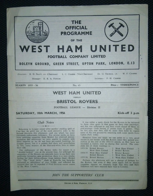 WEST HAM UNITED Home Programme v Bristol Rovers 10/03/1956. £2.95 ...