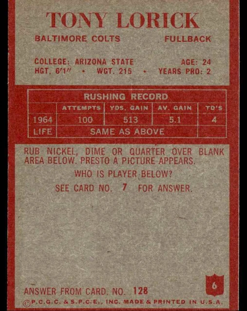 1965 PHILADELPHIA TONY Lorick RC Baltimore Colts #6 EUR 4,42 - PicClick FR