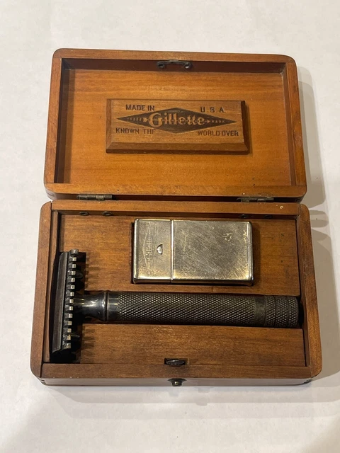 VINTAGE 1920’S GILLETTE “Big Fellow” Open Comb Safety Razor Set In Wood ...