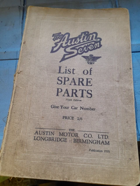 AUSTIN SEVEN LIST Of Spare Parts 353H Late 1925. Original Factory ...