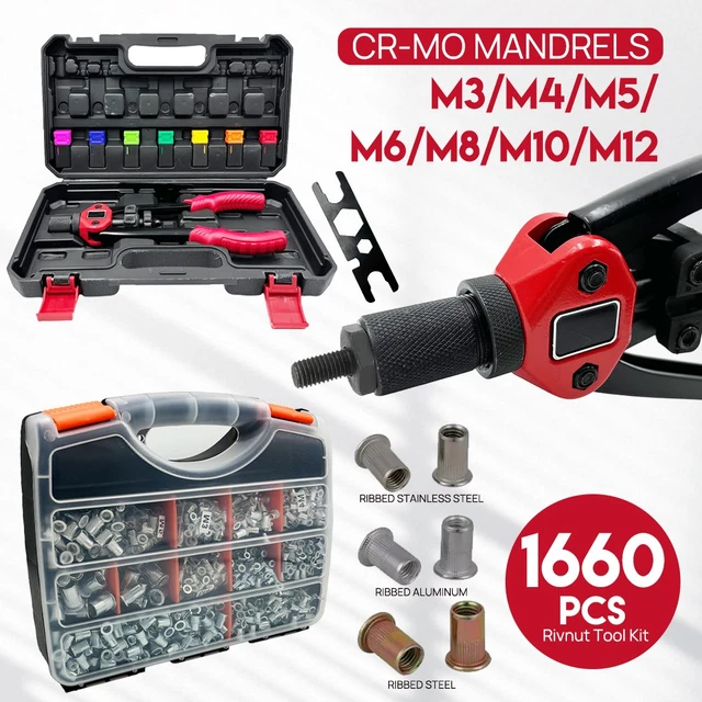 1660PCS NUTSERT TOOL Heavy Duty Kit Rivnut Riveter Rivet Nut Gun M3-12 ...