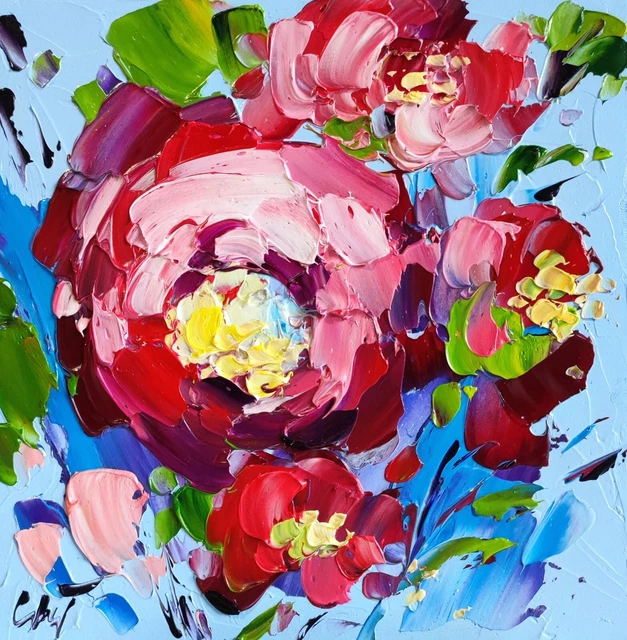 ORIGINAL OIL PAINTING Peony garden flowers impasto artwork Floral decor ...