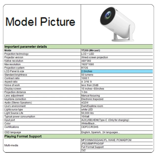 MINI 1080P PROJECTOR 240 Degree Rotating Lens Auto Correction USB ...