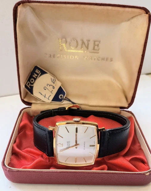 VINTAGE MENS SWISS Rone Square Gold Pl Watch 21 Jewel New Old Stock 60 ...