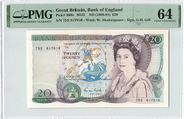GREAT BRITAIN 20 Pounds 1988-1991, P-380e B355, Gill, ENGLAND, PMG 64 ...