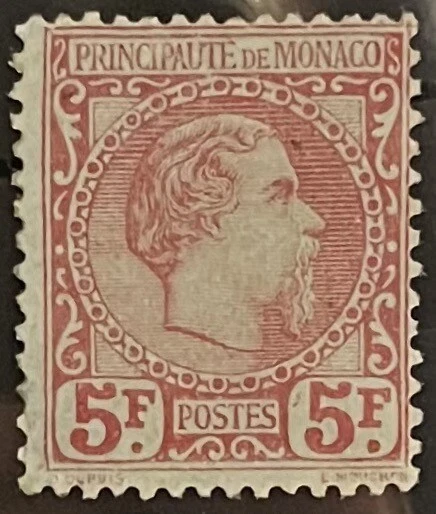TIMBRE RARE N°10 de Monaco "5 Fr. carmin sur vert Prince Charles III ...