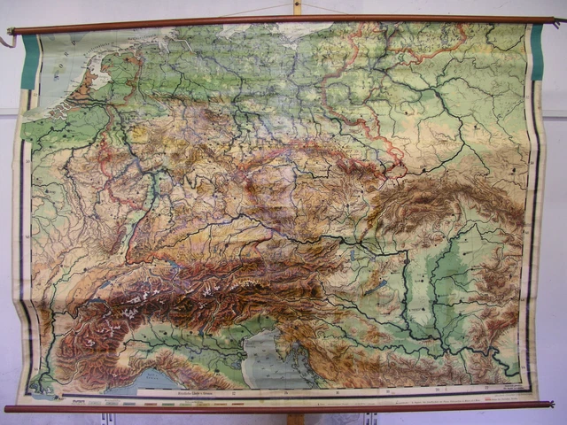 LARGE SCHOOL WALL map German Reich Alpine area 204x144 ~1920 vintage ...