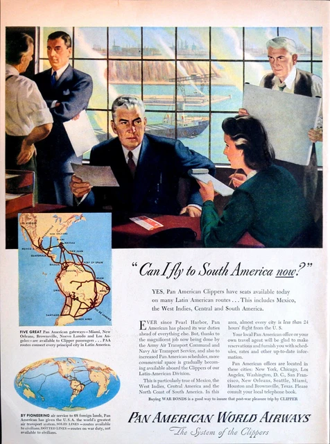 1944 PAN AMERICAN World Airways PanAm WWII Print Ad South America Pearl ...