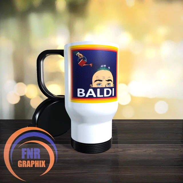 BALDI TRAVEL MUG 140z novelty promotional mug gift Bald flowersmug £16. ...