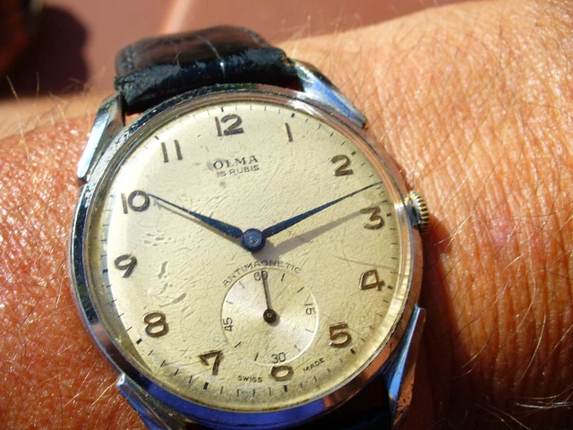 OROLOGIO VINTAGE OLMA Oversize 37,5mm anse AD ELICA movimento a PONTI ...